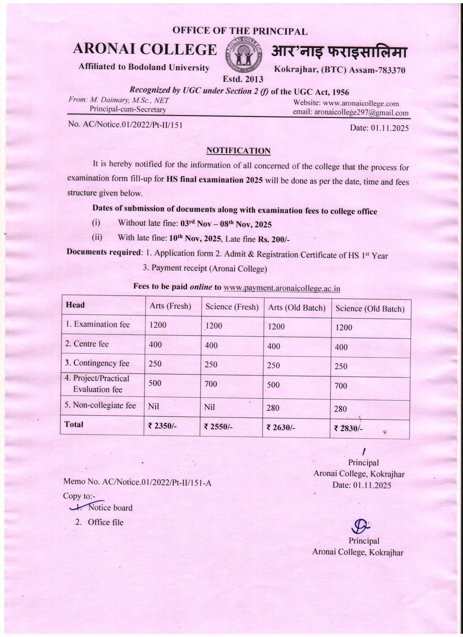 HS 2nd Year Exam Form Fill-up 2025 – Aronai College